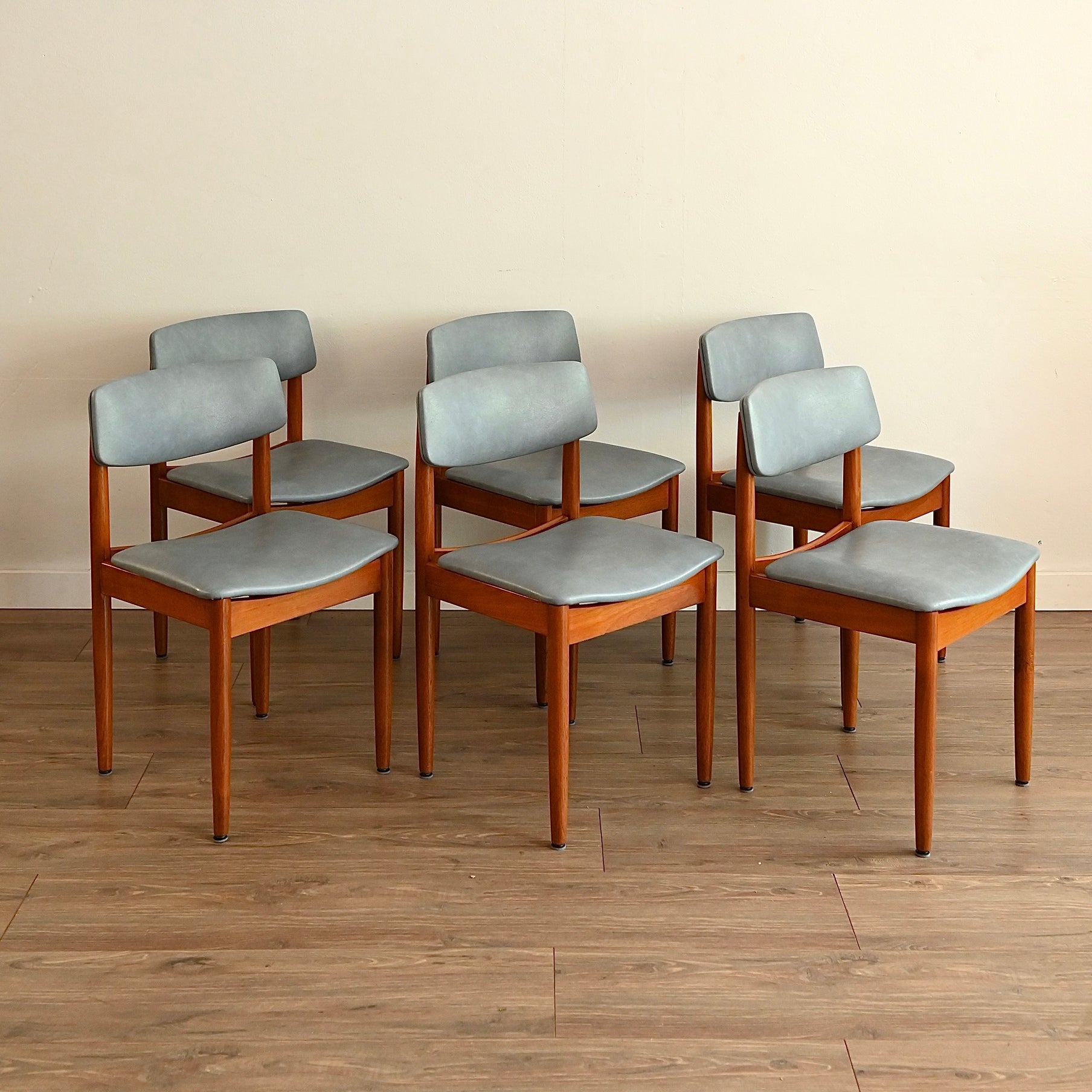 6x Mid Century Teak Blue Vinyl Dining Chairs by Chiswell – retro bay