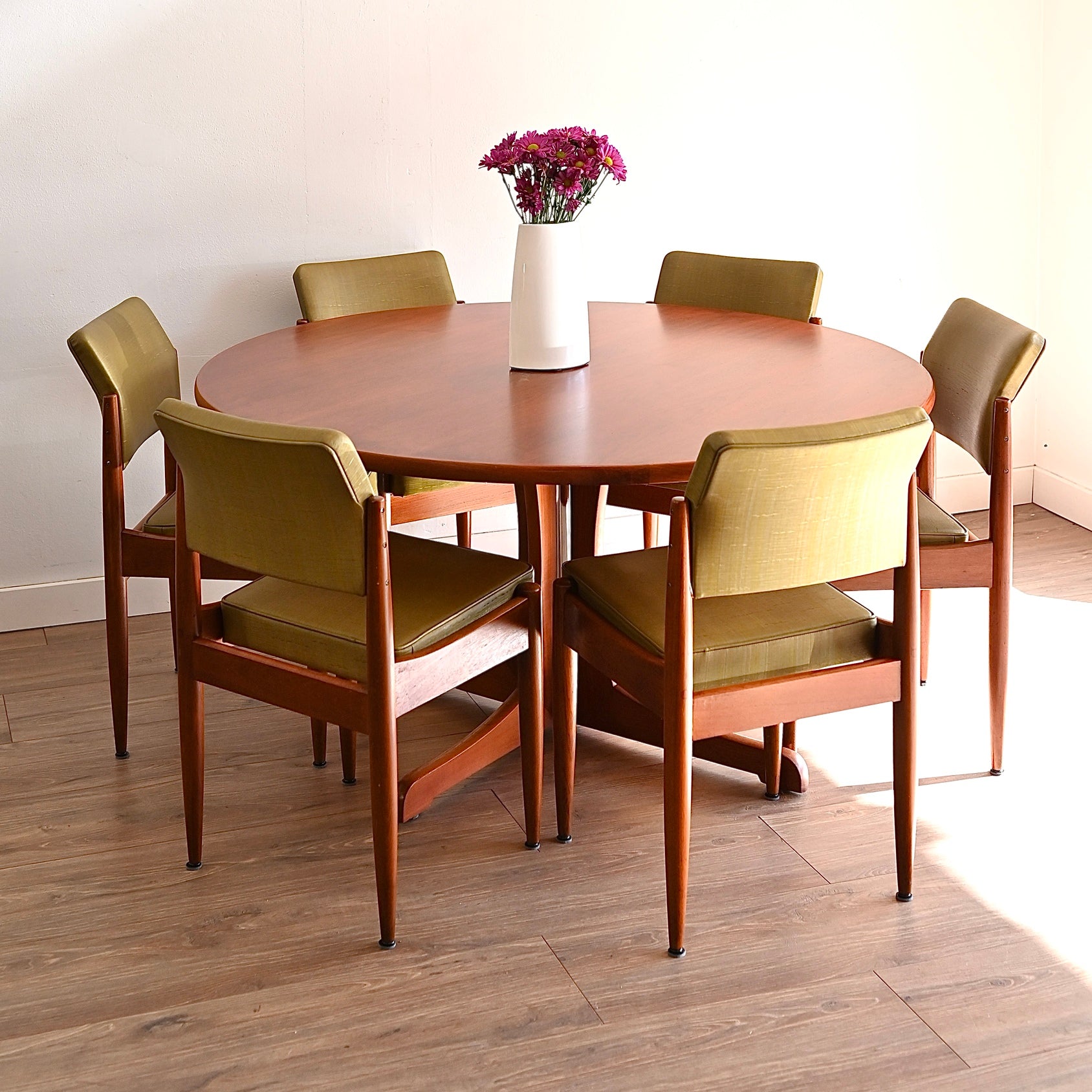 6x Mid Century Teak Green Vinyl Dining Chairs by Chiswell – retro bay